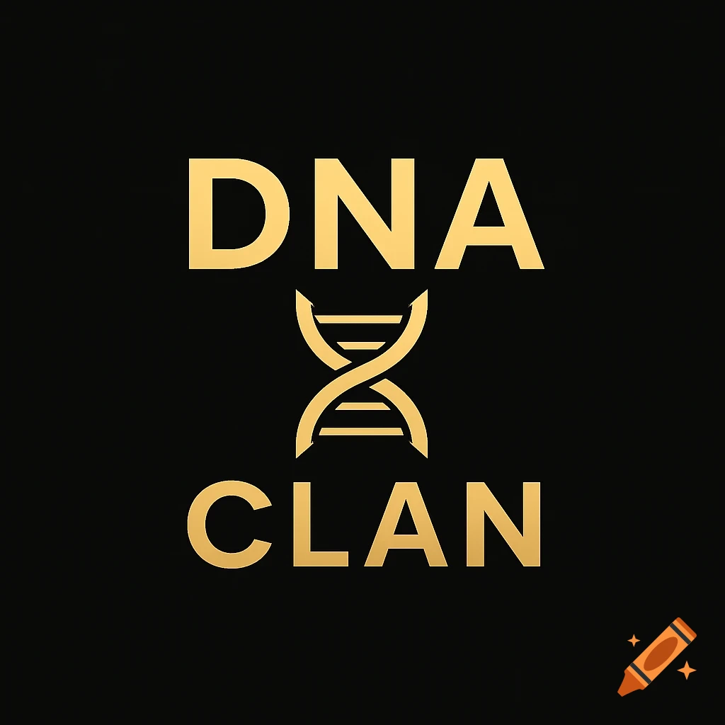 Gold text 'DNA CLAN' with DNA symbol on black background. on Craiyon