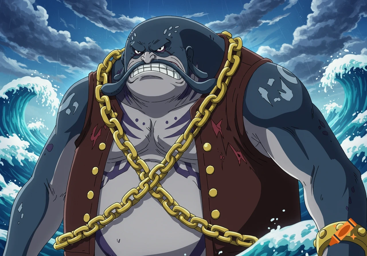 Anime illustration of a large whale-like Fishman pirate in a vest and ...