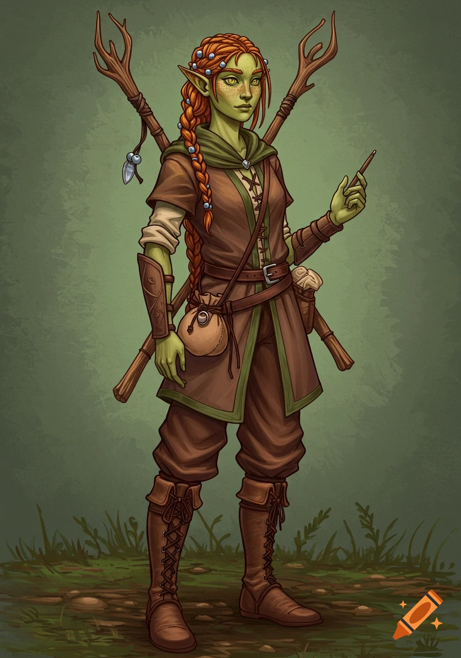 Full body illustration of a green-skinned wood elf with red braids ...