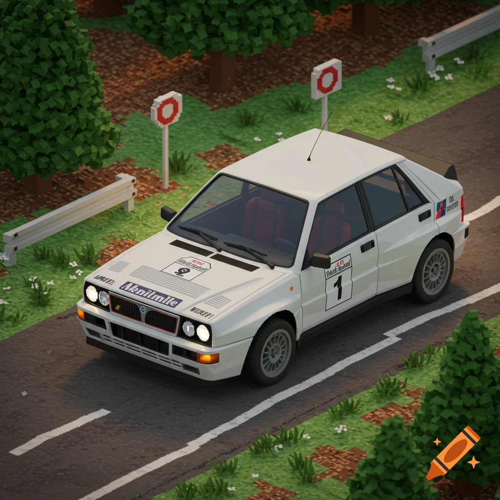 Isometric pixel art rendering of a white Lancia Delta Integrale rally ...