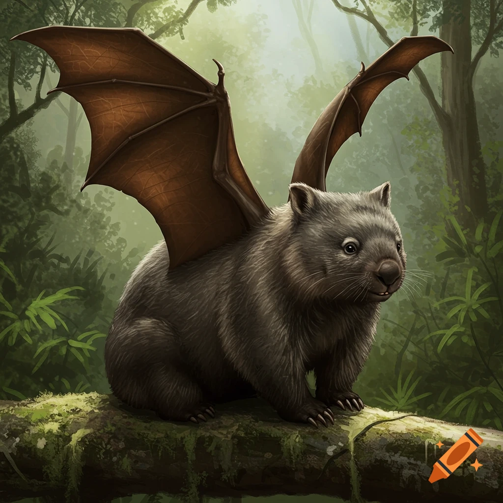 Wombat with bat wings sitting on a mossy log in a forest. on Craiyon