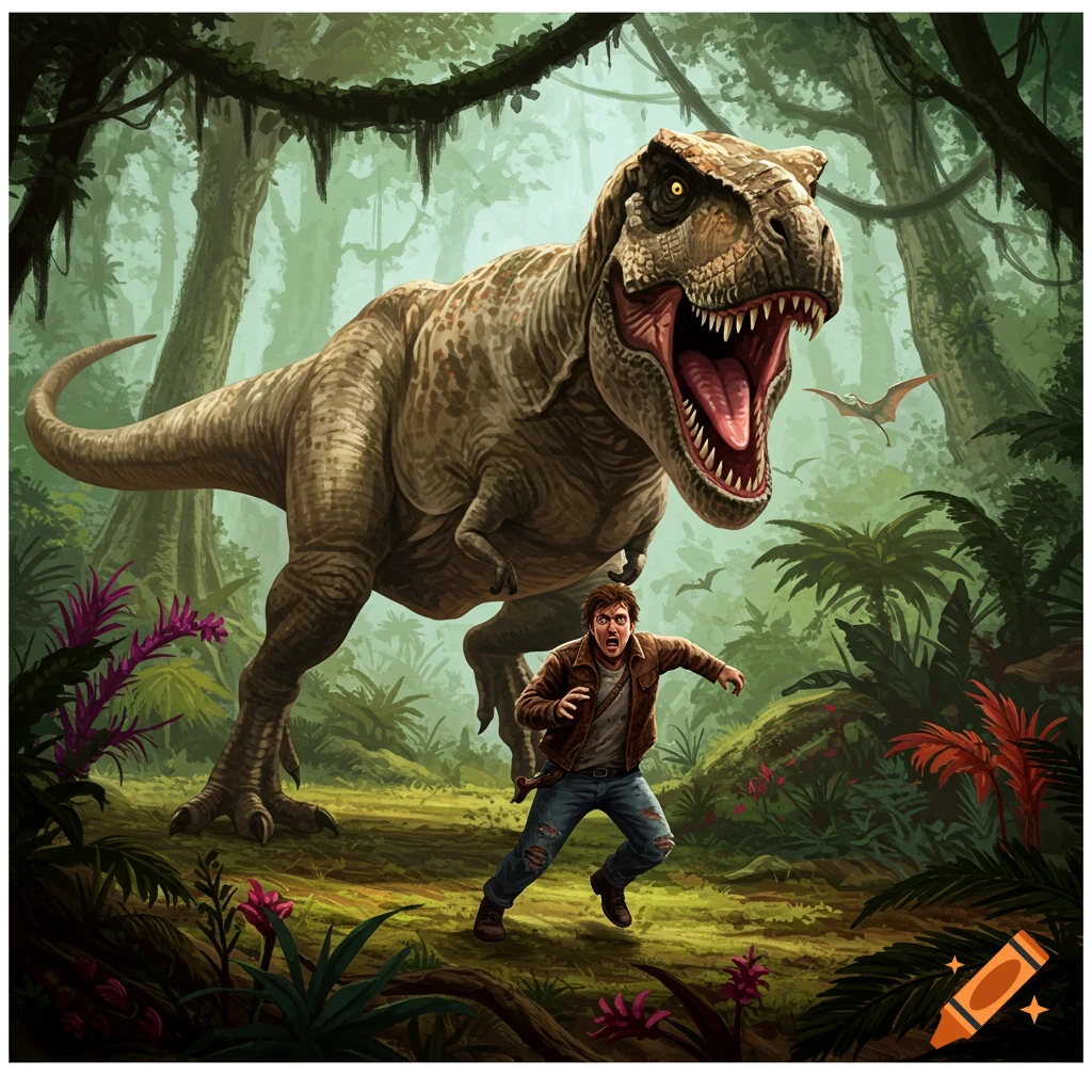 A large Tyrannosaurus Rex chases a man through a dense, lush jungle in ...