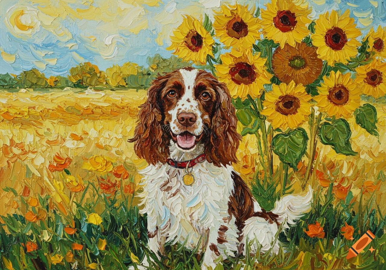 Impasto painting of an English Springer Spaniel dog sitting in a field ...
