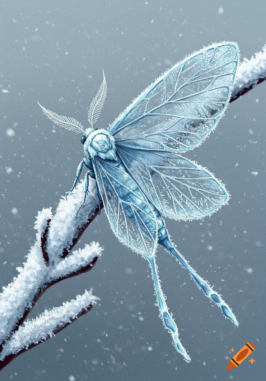 A translucent ice moth covered in frost sits on a snowy branch during a ...
