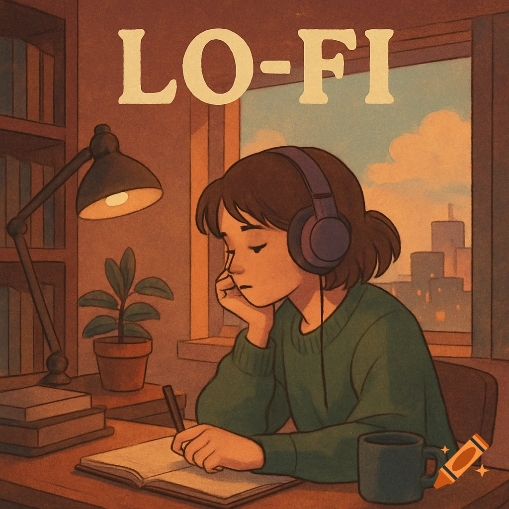 Lofi anime illustration of a person with headphones studying at a desk ...