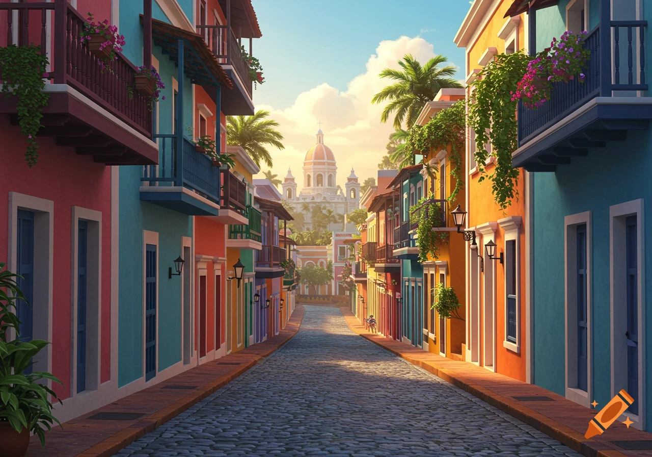 A vibrant, colorful street scene in a city with buildings, balconies ...