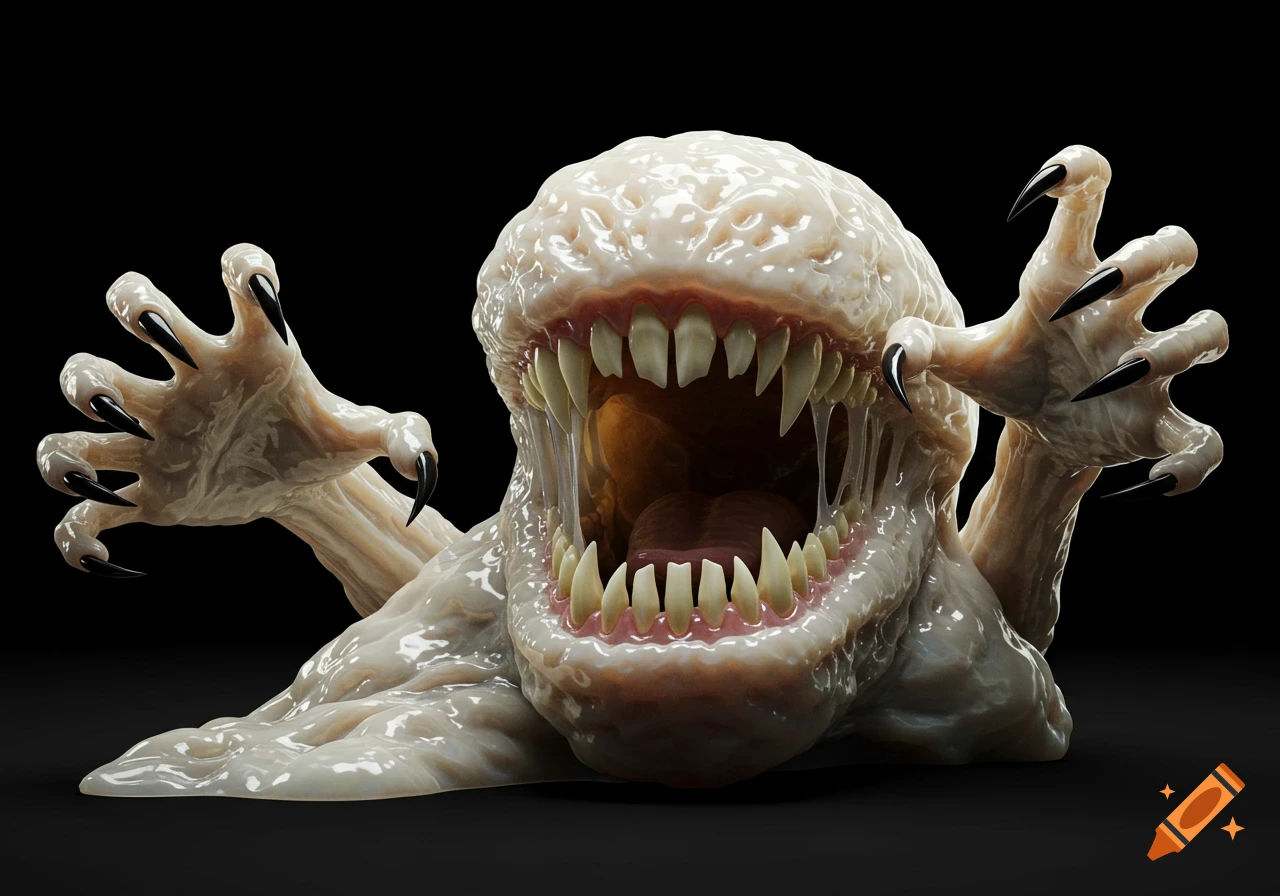 A slimy, pale creature with jagged teeth and sharp claws reaches ...