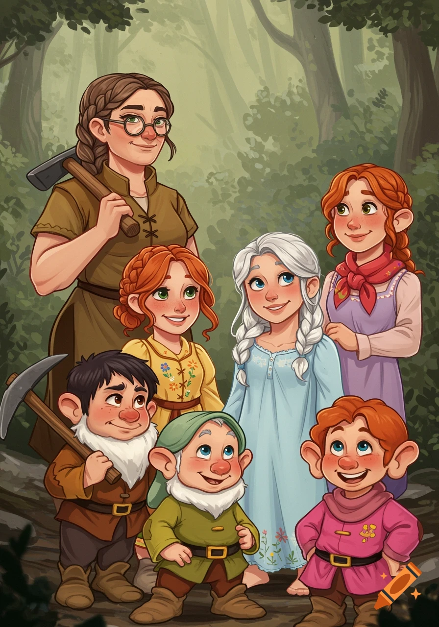 Illustration of seven female fantasy characters, including smaller ...