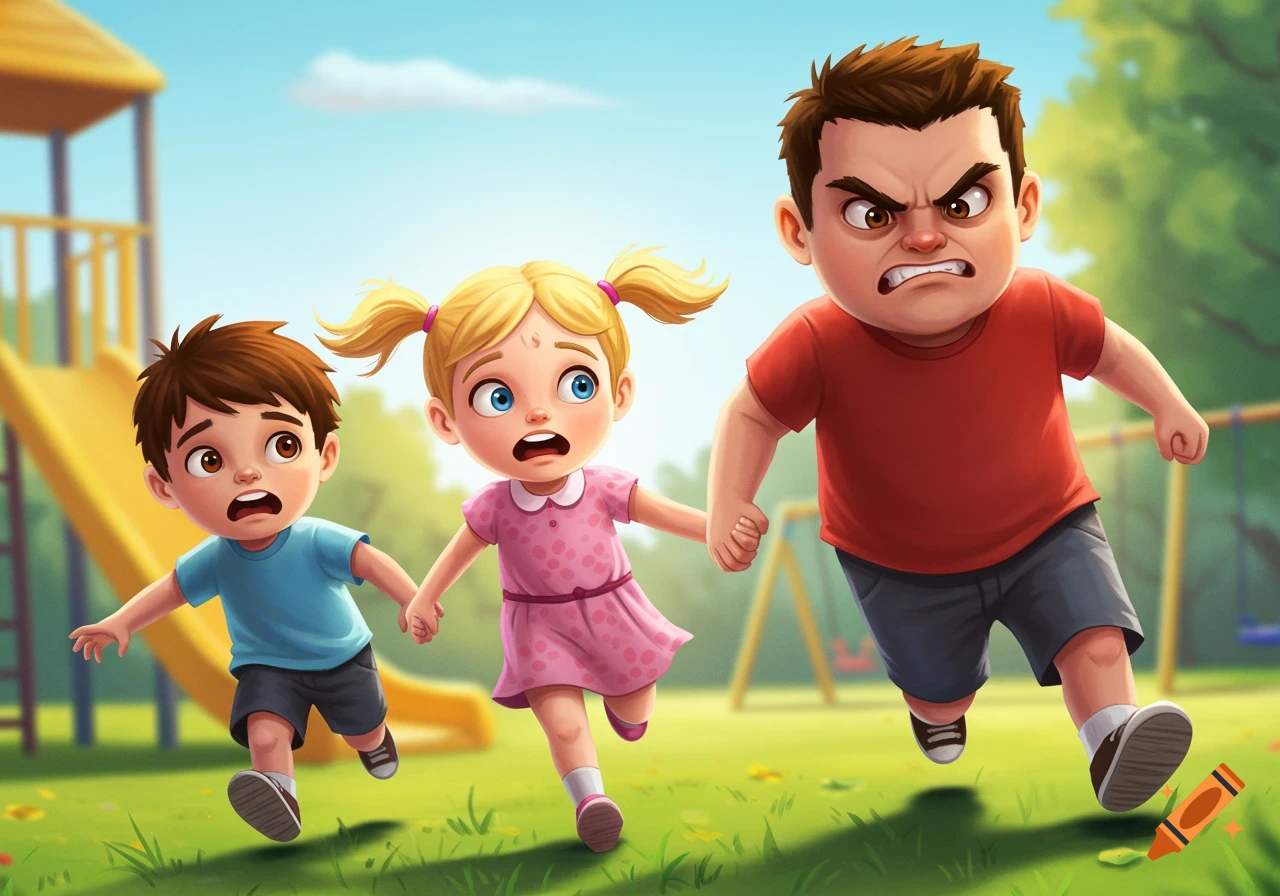 Cartoon illustration of two scared children running away from an angry ...