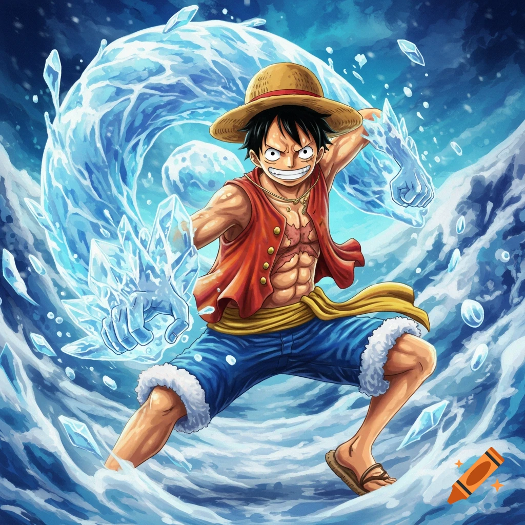 Anime style depiction of Luffy using ice powers in a frozen environment ...
