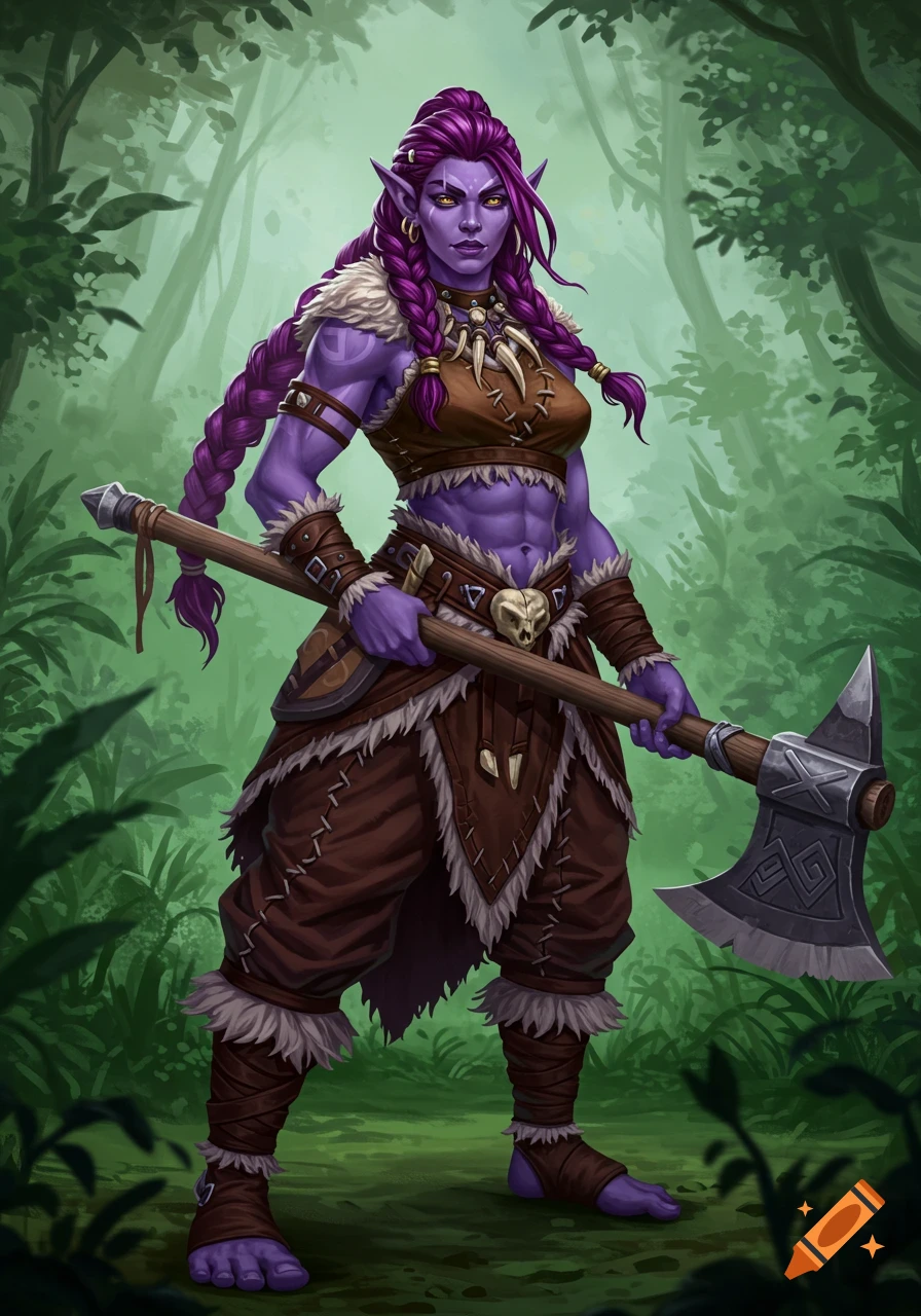 A purple-skinned female fantasy barbarian stands in a forest, holding a ...