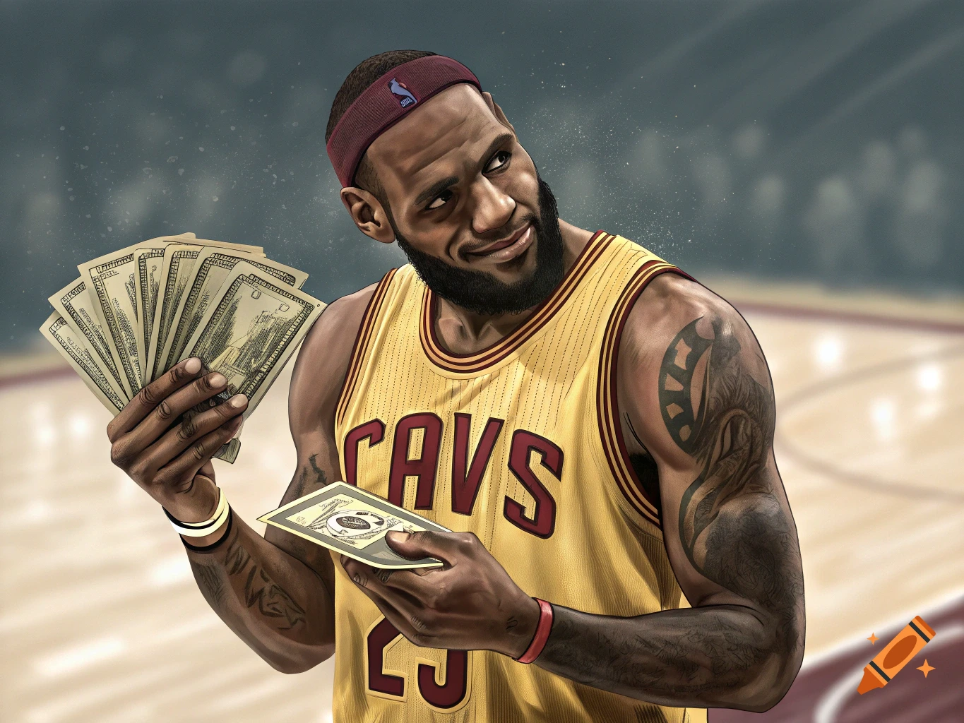 Illustration of Lebron James in a Cavaliers jersey holding stacks of ...
