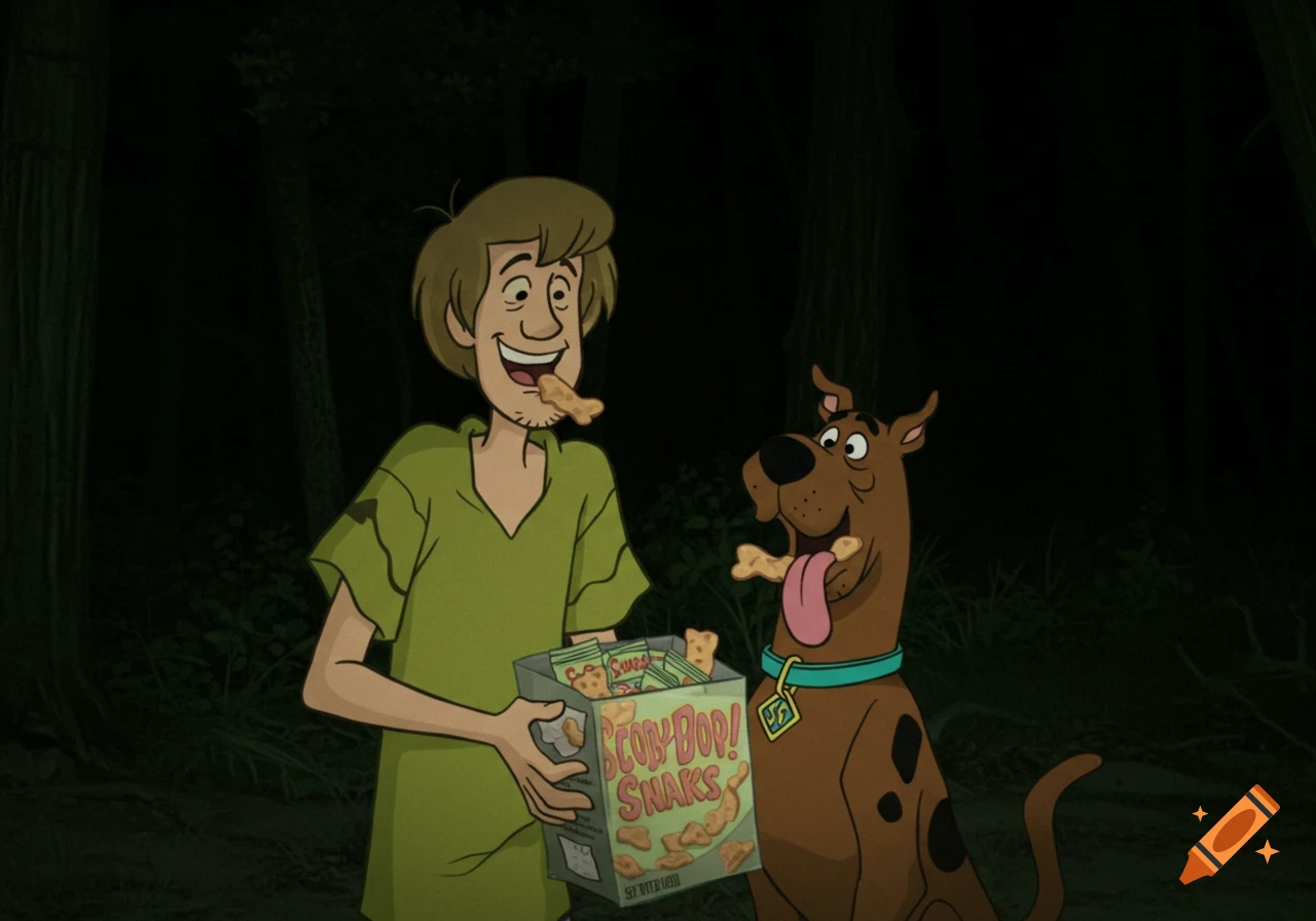 Cartoon of Shaggy and Scooby Doo eating Scooby Snacks in a dark forest ...