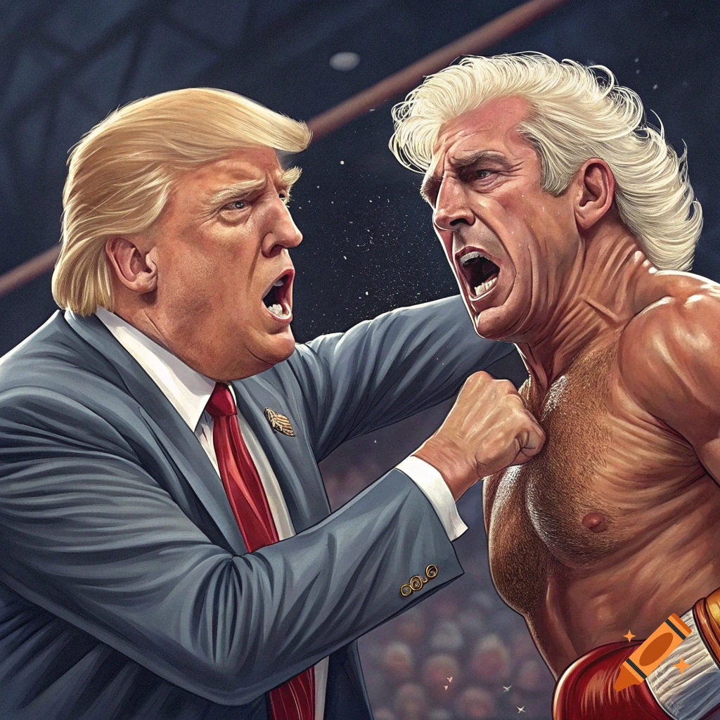 Stylized illustration of Donald Trump punching Ric Flair in a boxing ...