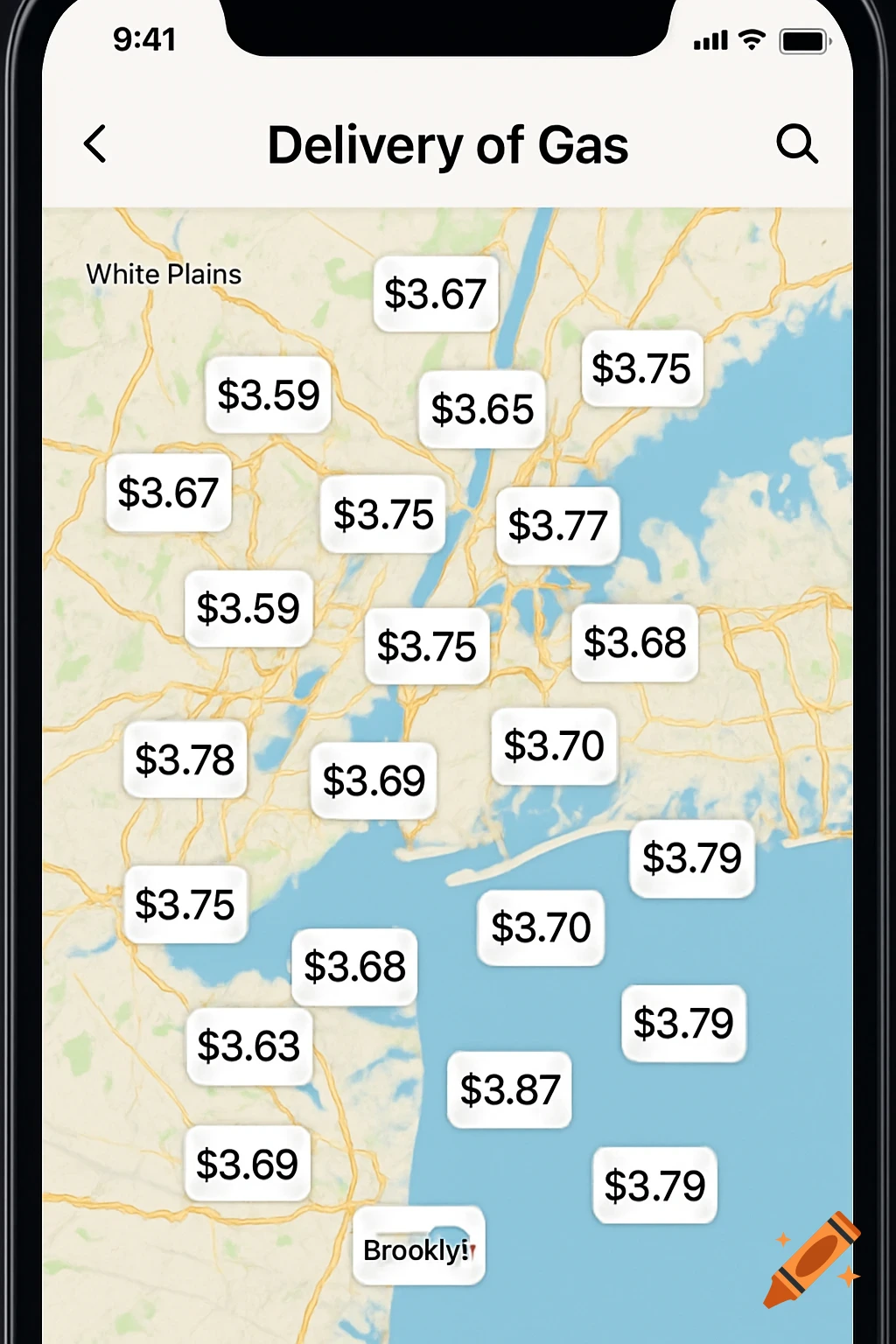 A map on a phone screen showing dollar amounts labeled over different ...