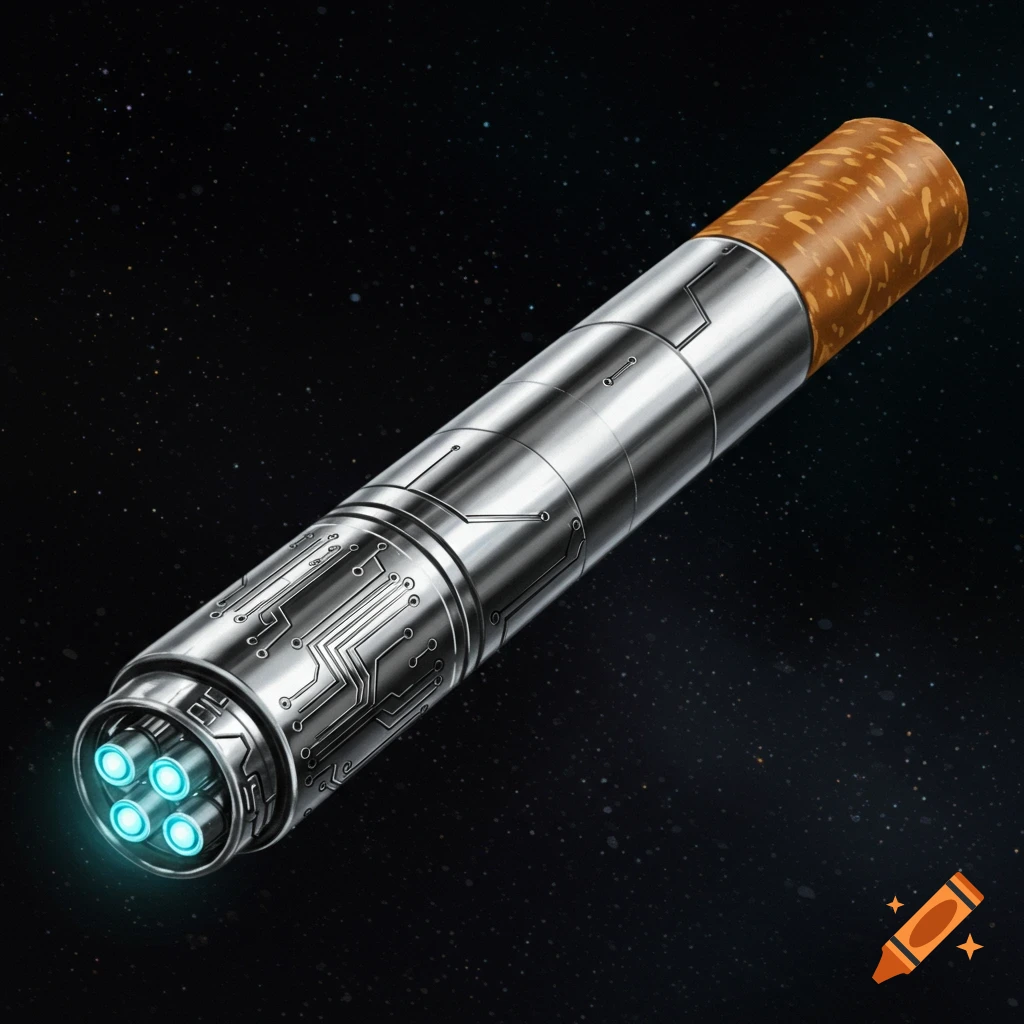 A robotic cigarette with circuit patterns and glowing blue lights ...