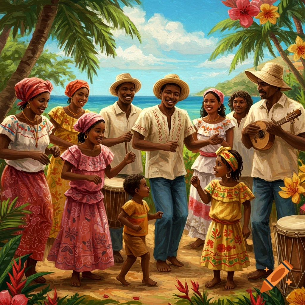 Painting of Haitian people dancing and playing music outdoors. A group ...