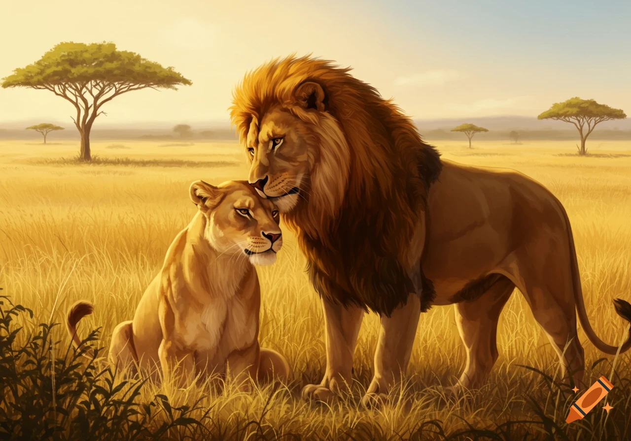 A male and female lion stand together in a grassy African savanna at ...