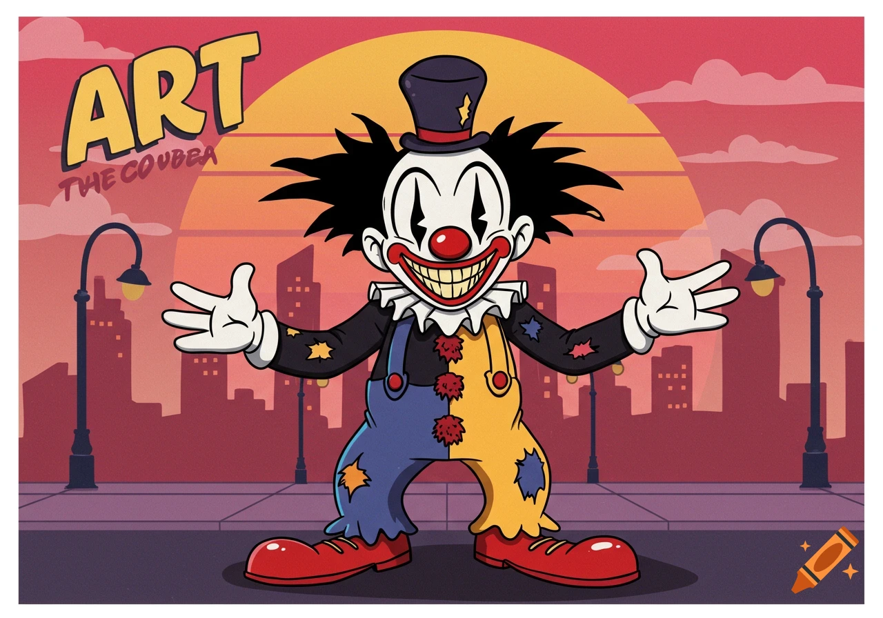 A retro cartoon clown stands in a city street at sunset. on Craiyon
