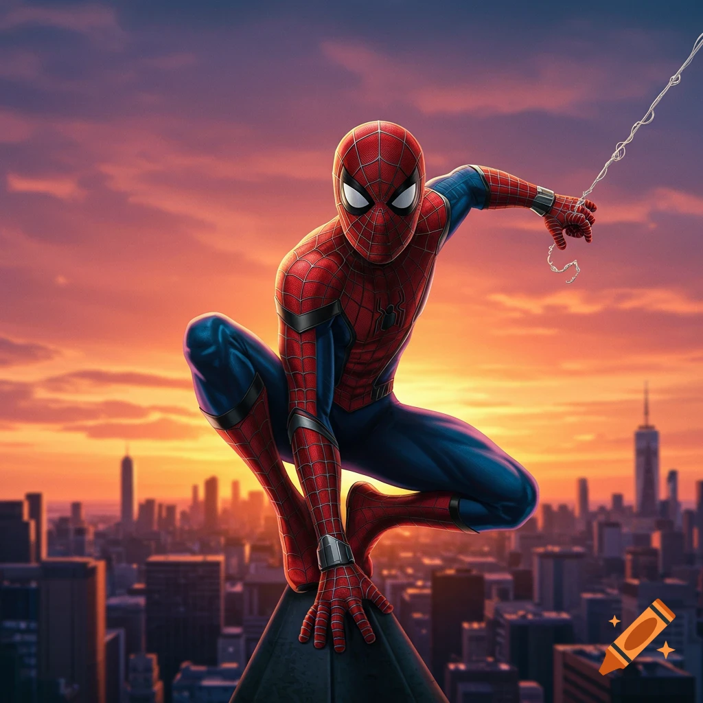 Spider-Man crouching on a rooftop overlooking a city skyline at sunset ...