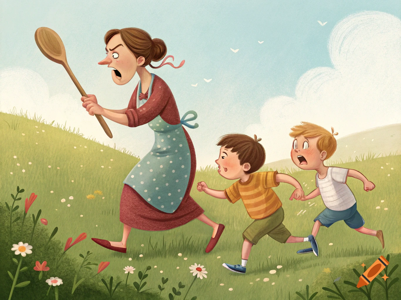 Cartoon illustration of an angry mother with a spoon chasing two scared ...