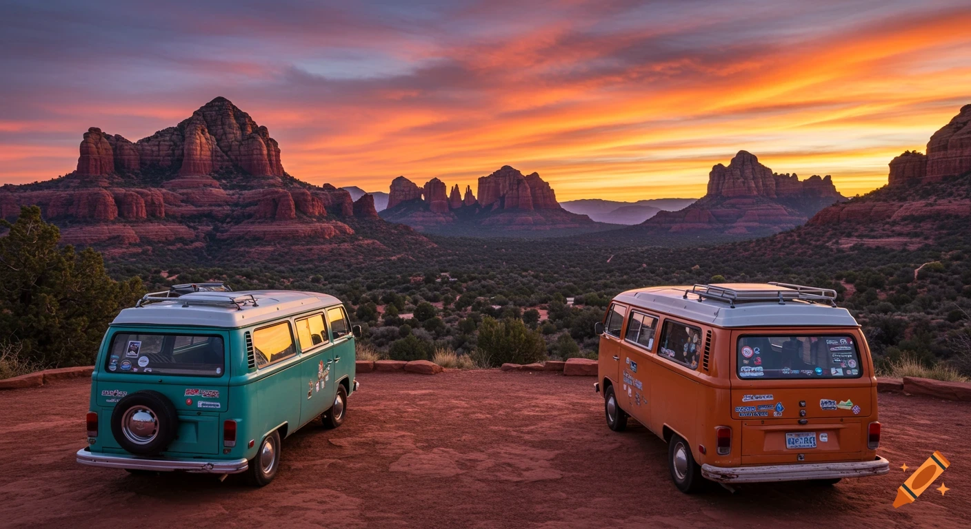 Two camper vans parked at sunset overlooking red rock mountains in ...