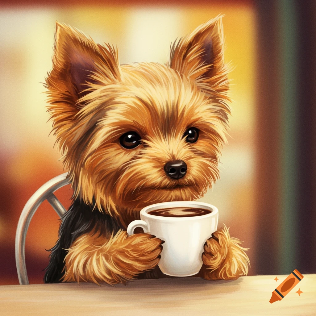 Cute Yorkie dog holding a cup of coffee at a table. on Craiyon