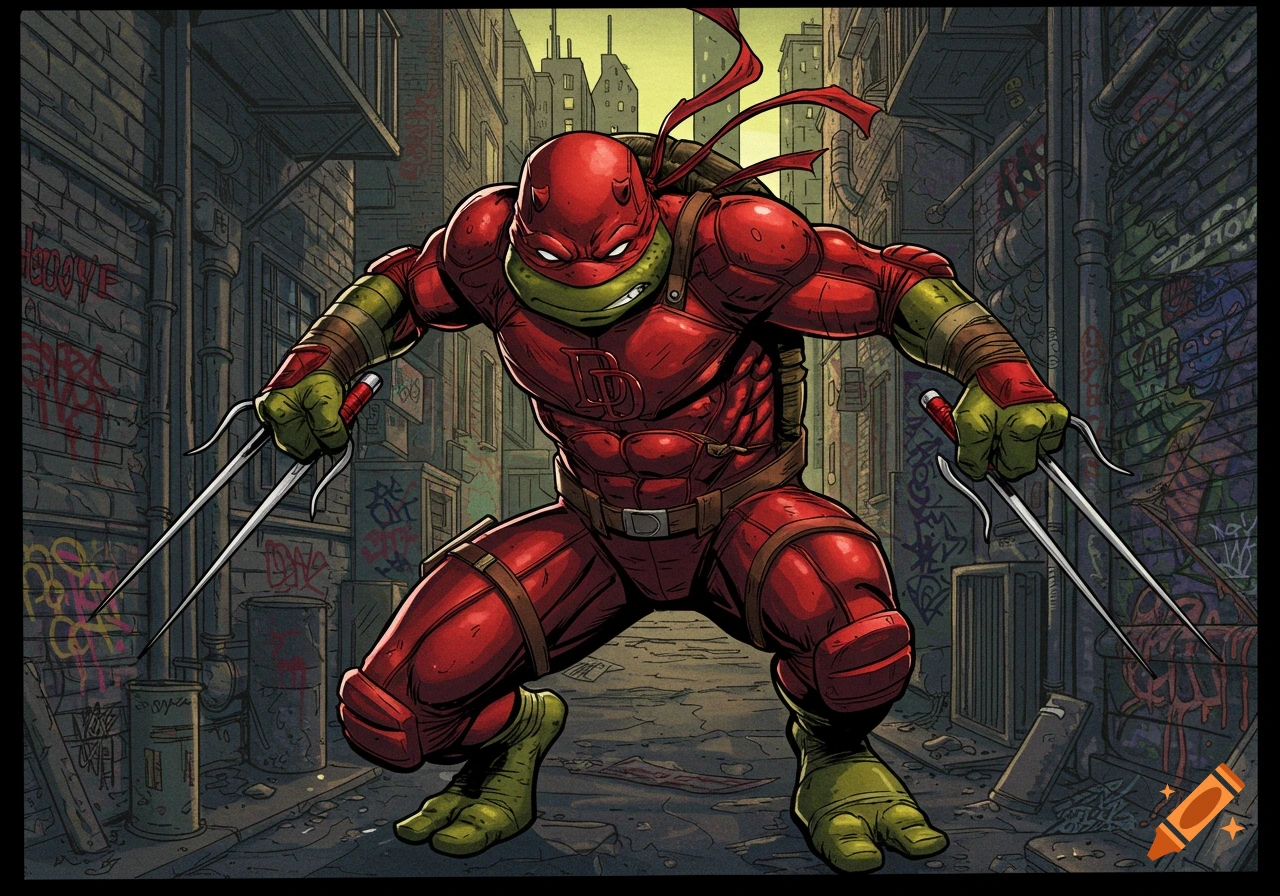 Raphael from TMNT wearing a red Daredevil costume and holding sais ...