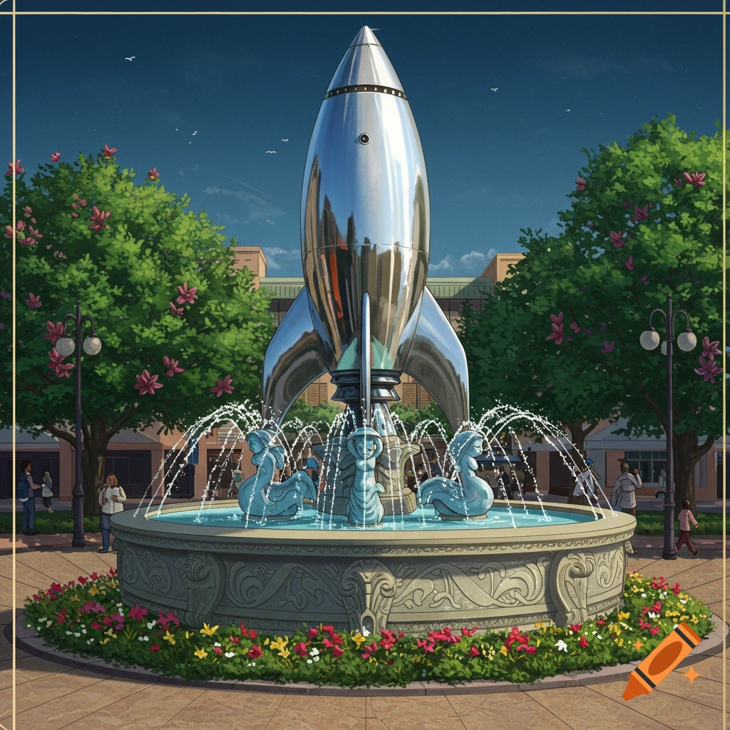 A stylized fountain featuring a large chrome rocketship with water ...
