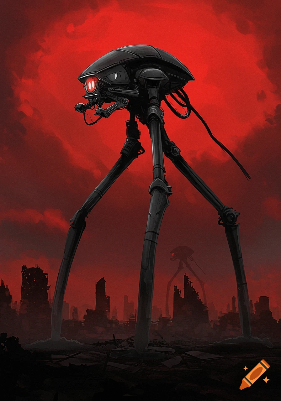 Large black tripod robot stands over a destroyed city under a red sky ...