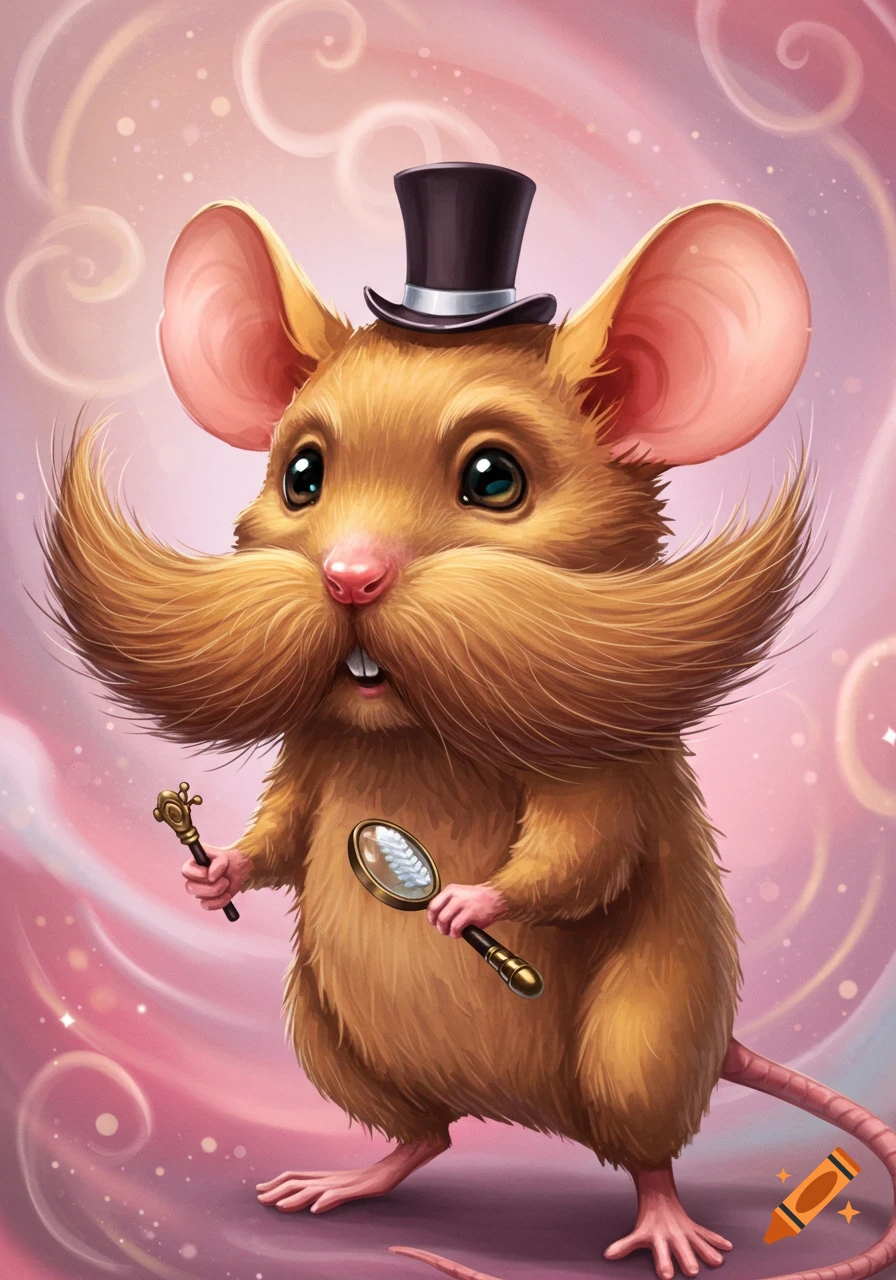 Cartoon mouse in a top hat with a large mustache holding a magnifying ...