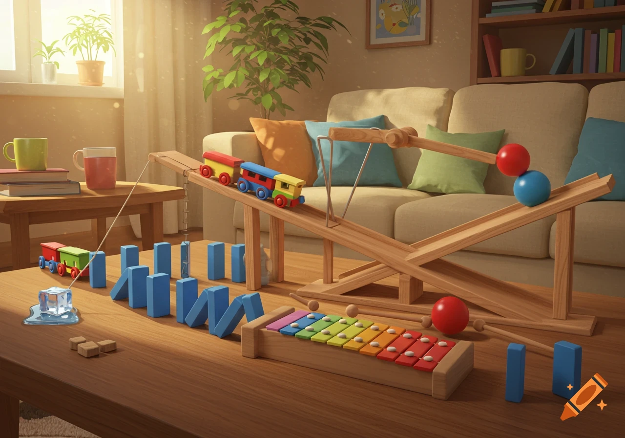 A Rube Goldberg machine made from toy trains, dominoes, ramps, and a ...
