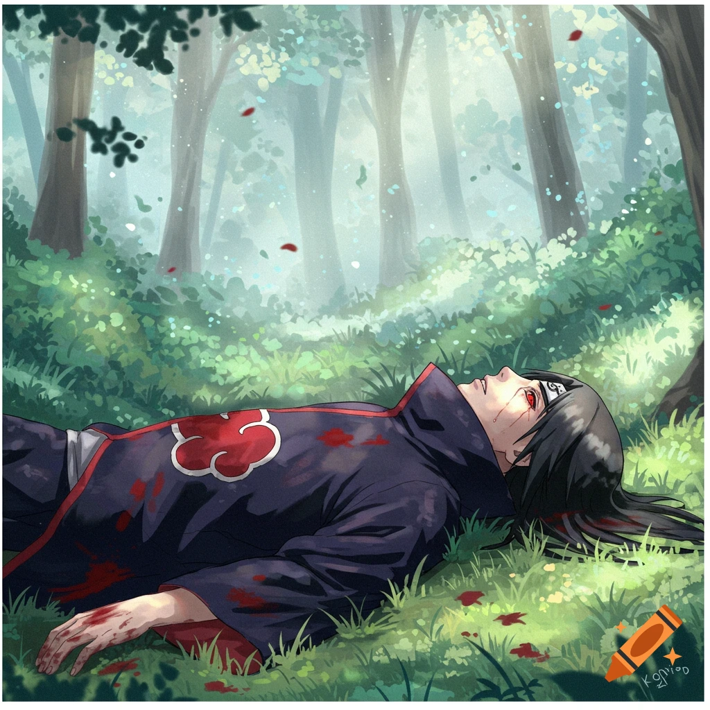 Anime character Itachi from Naruto lying on the ground in a forest with ...