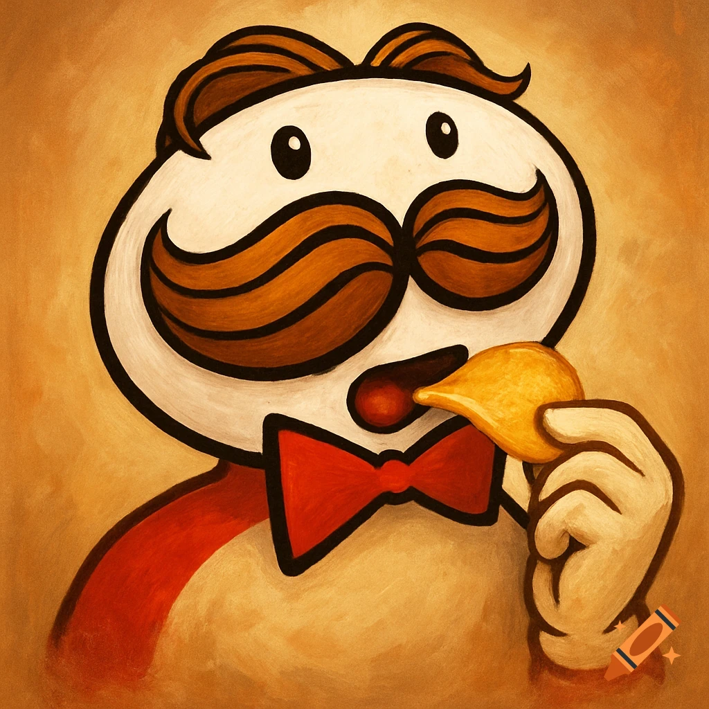 The Pringles logo character, Mr. P, eating a Pringles chip in a painted ...