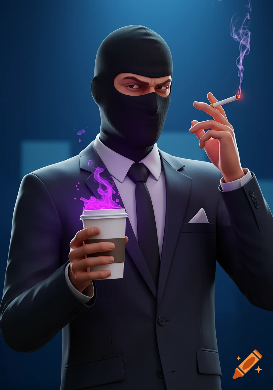 Animated character in a suit and balaclava holding a coffee cup and ...