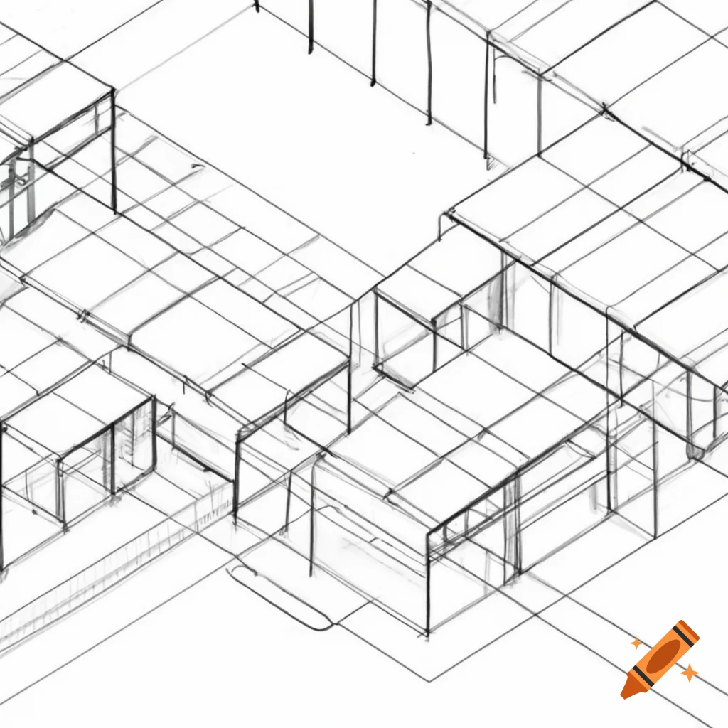 Pencil sketch of modular blocks fitting into empty shell warehouse ...