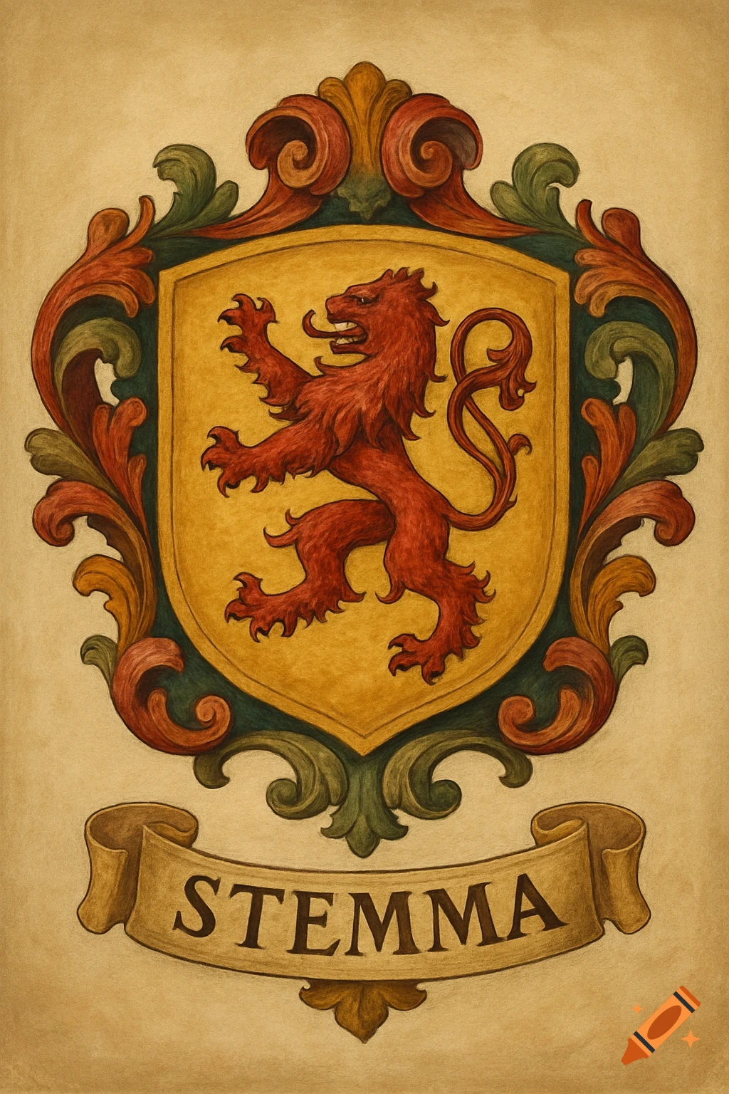 Heraldic emblem with red lion on gold shield and 'STEMMA' banner in ...