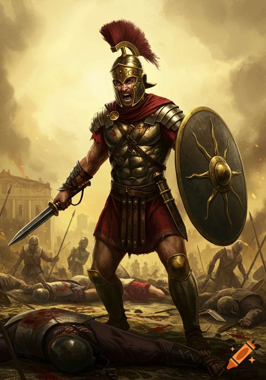 An angry Roman warrior in gold armor with sword and shield stands over ...