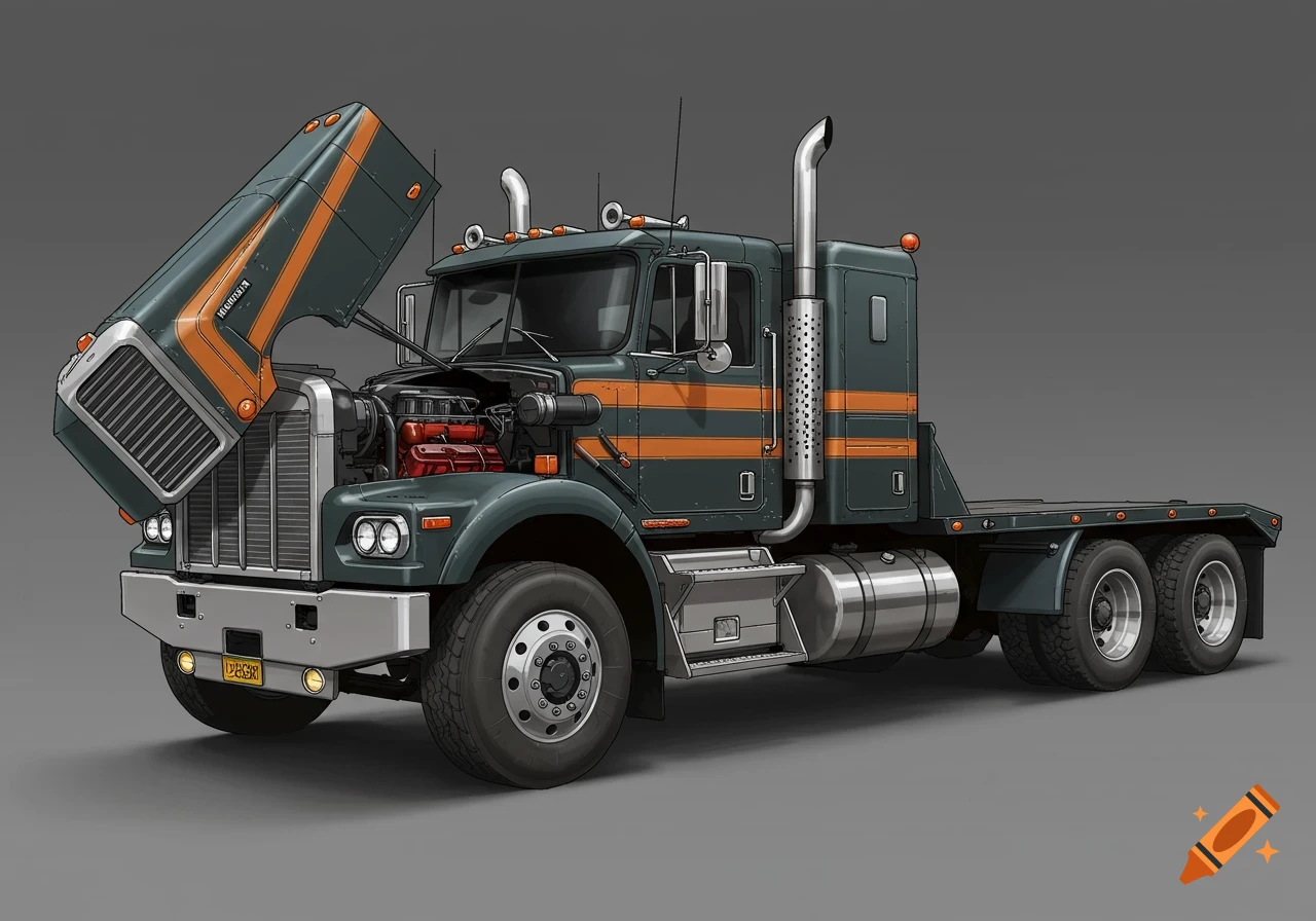 Illustration of a dark gray semi-truck with orange stripes and its hood ...