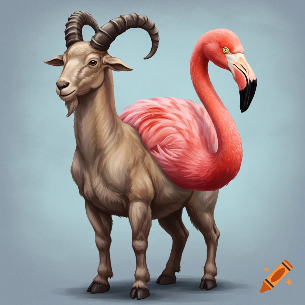 A creature with the body of a goat and the head and neck of a flamingo ...