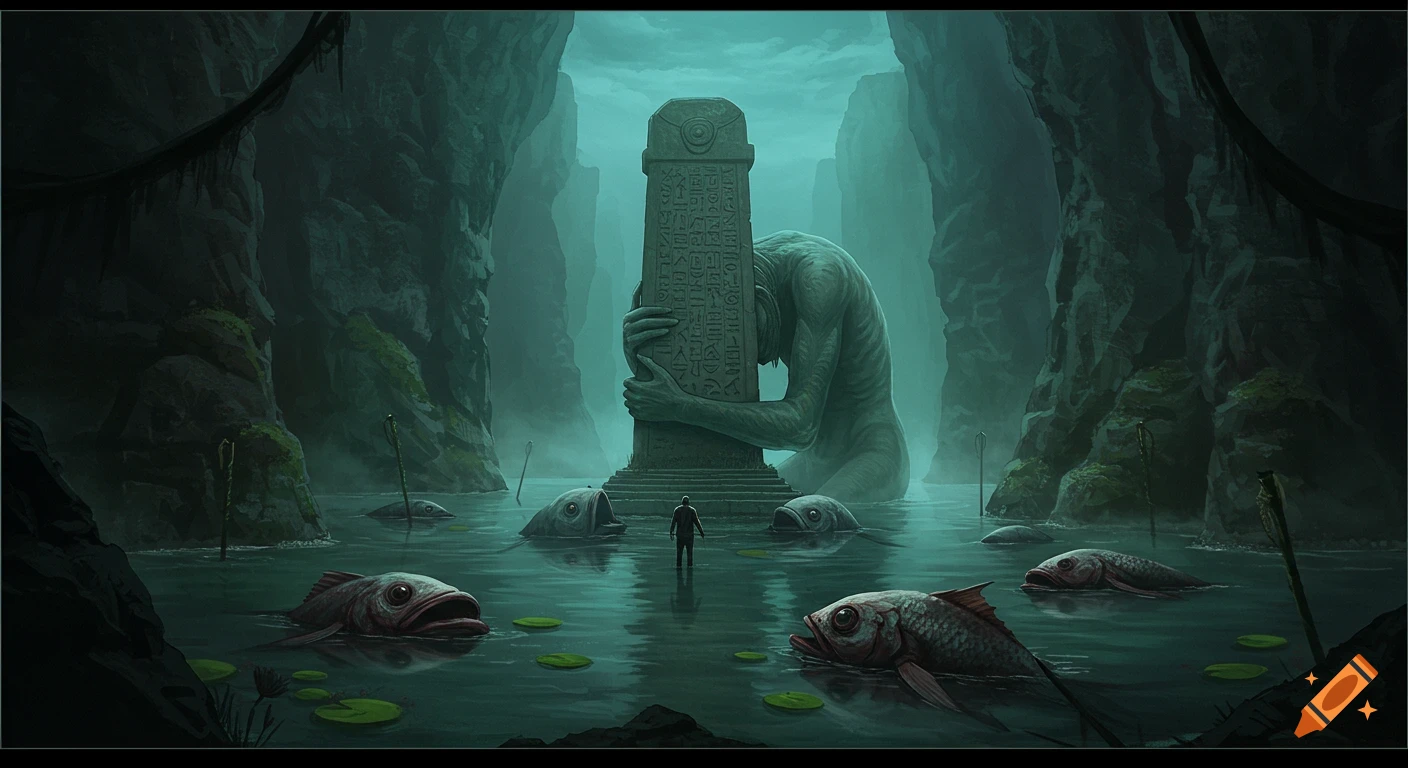Giant creepy creature hugs a monument in a dark swamp with dead fish ...