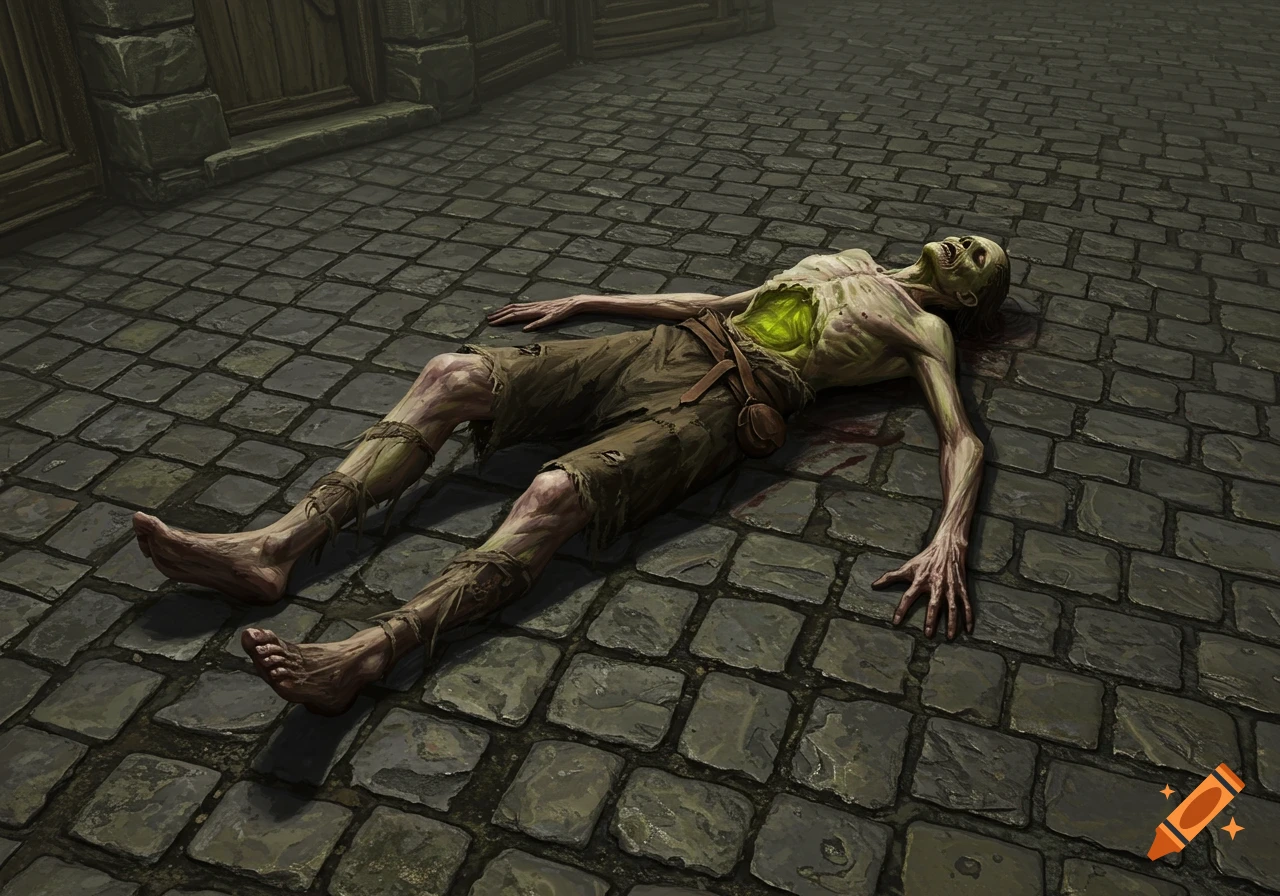 An emaciated figure with a glowing green chest wound lies dead on a ...