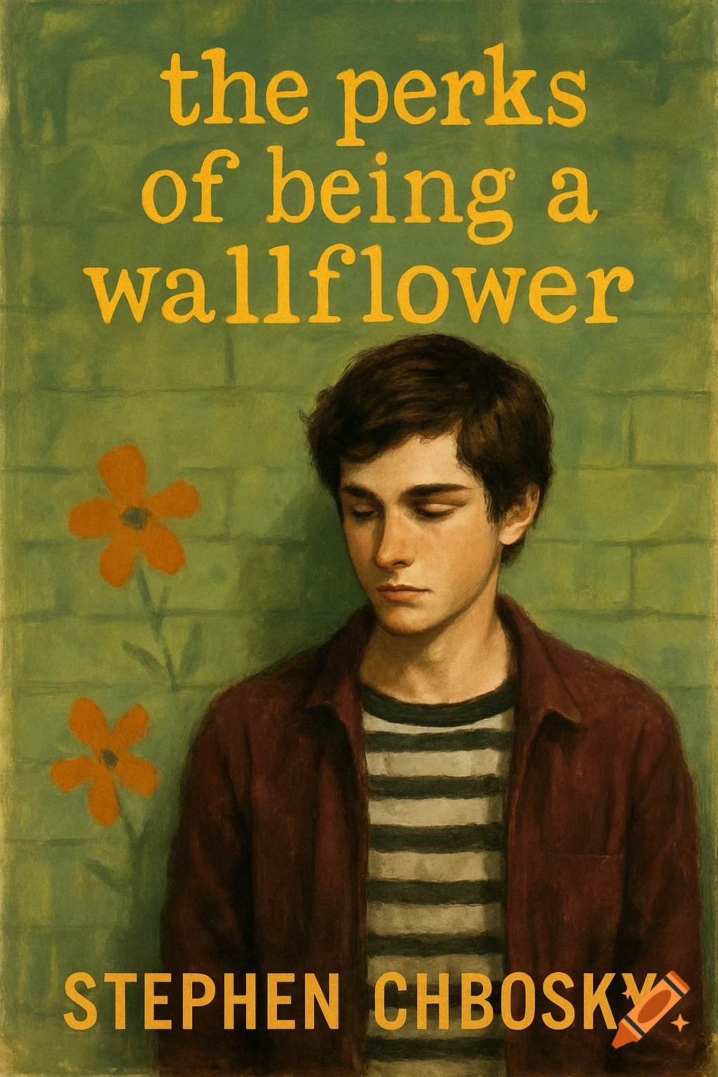 Book cover illustration of a young man with text 'the perks of being a ...