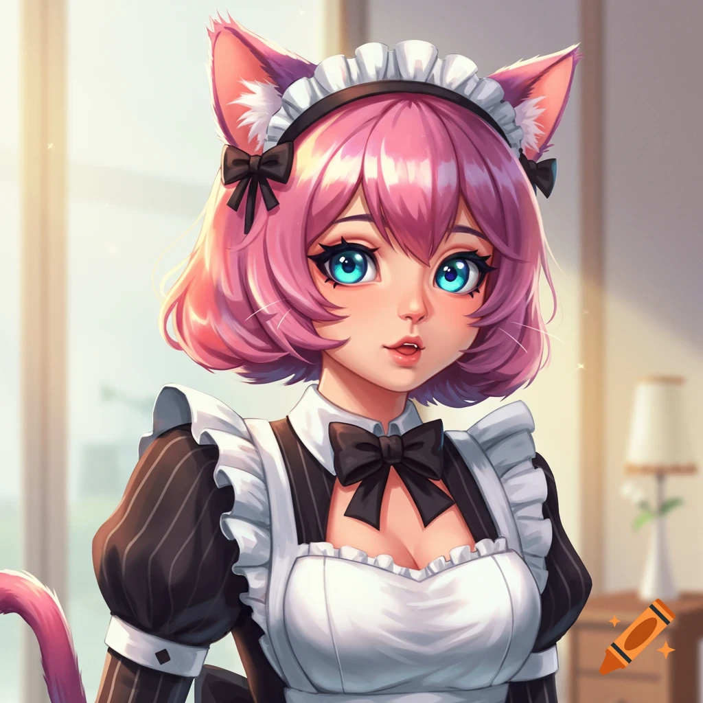 Anime portrait of a pink-haired girl with cat ears and a maid outfit ...