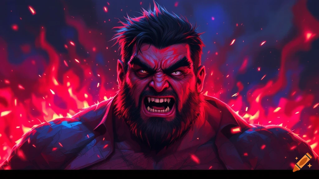 An angry red-skinned man with fangs roars amidst flames in an ...