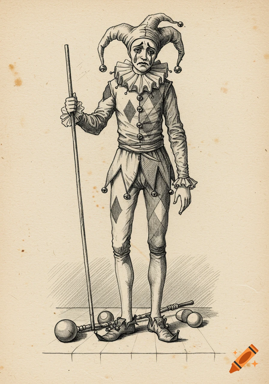 Sketch of a sad jester in costume holding a staff. on Craiyon