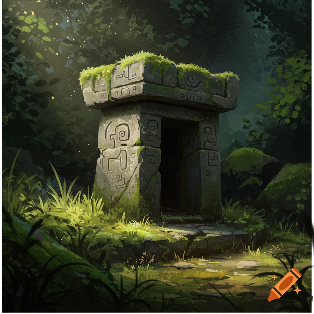 A stone altar with ancient carvings sits in a sun-dappled forest. on ...