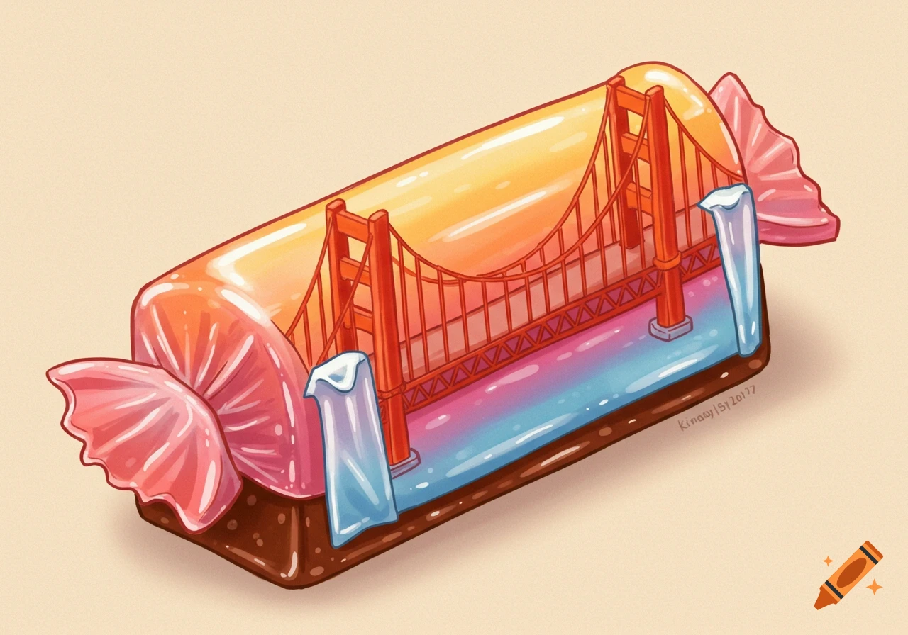 Illustration of a candy bar shaped like the Golden Gate Bridge on Craiyon