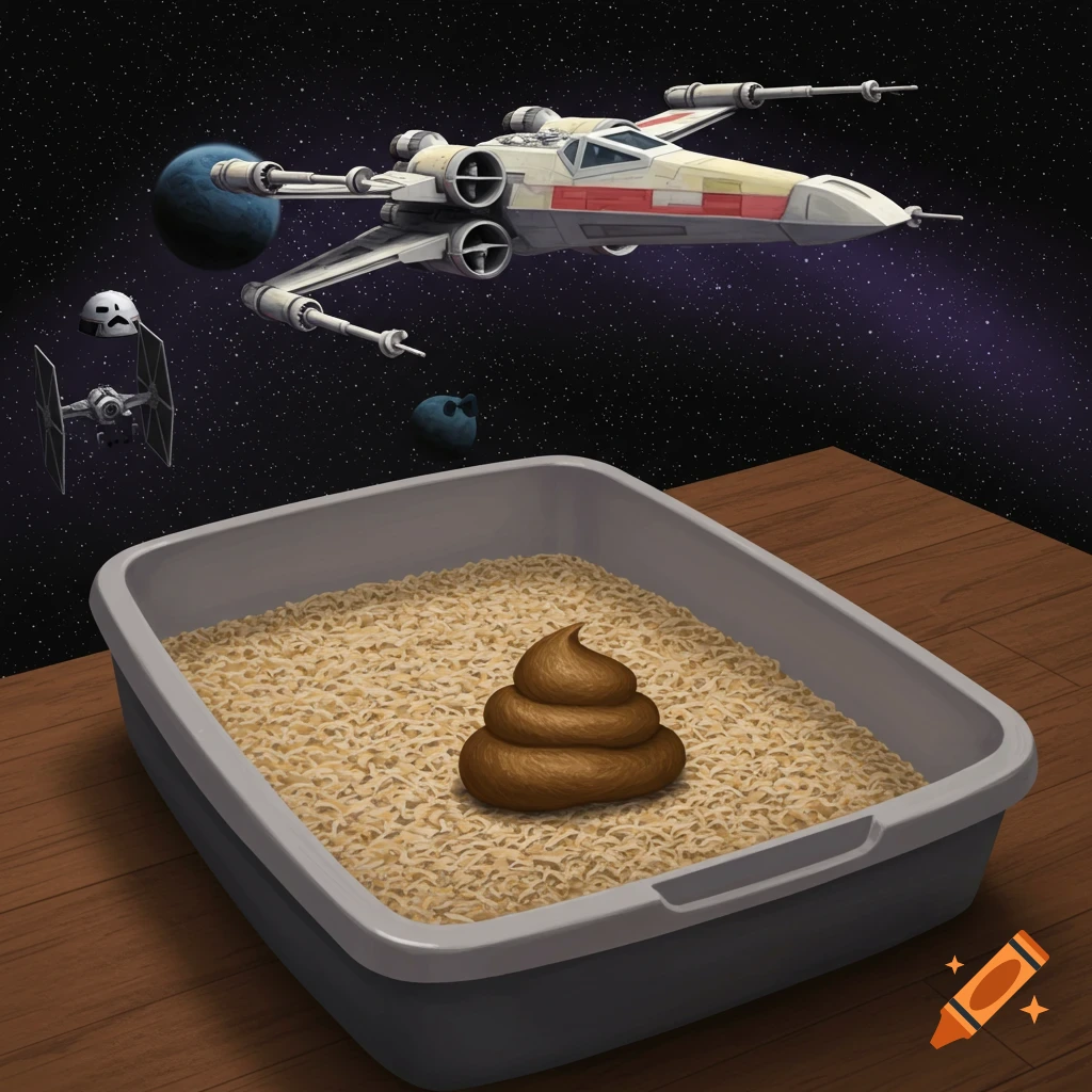 A Star Wars X-wing and TIE fighter fly in space above a cat litter box ...