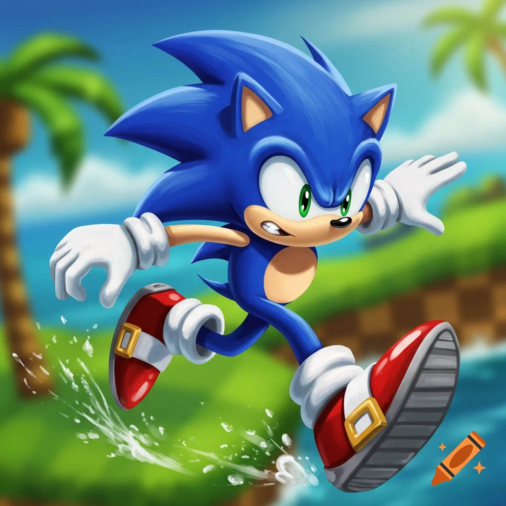 Sonic the Hedgehog runs past a beach and grass, splashing water. on Craiyon